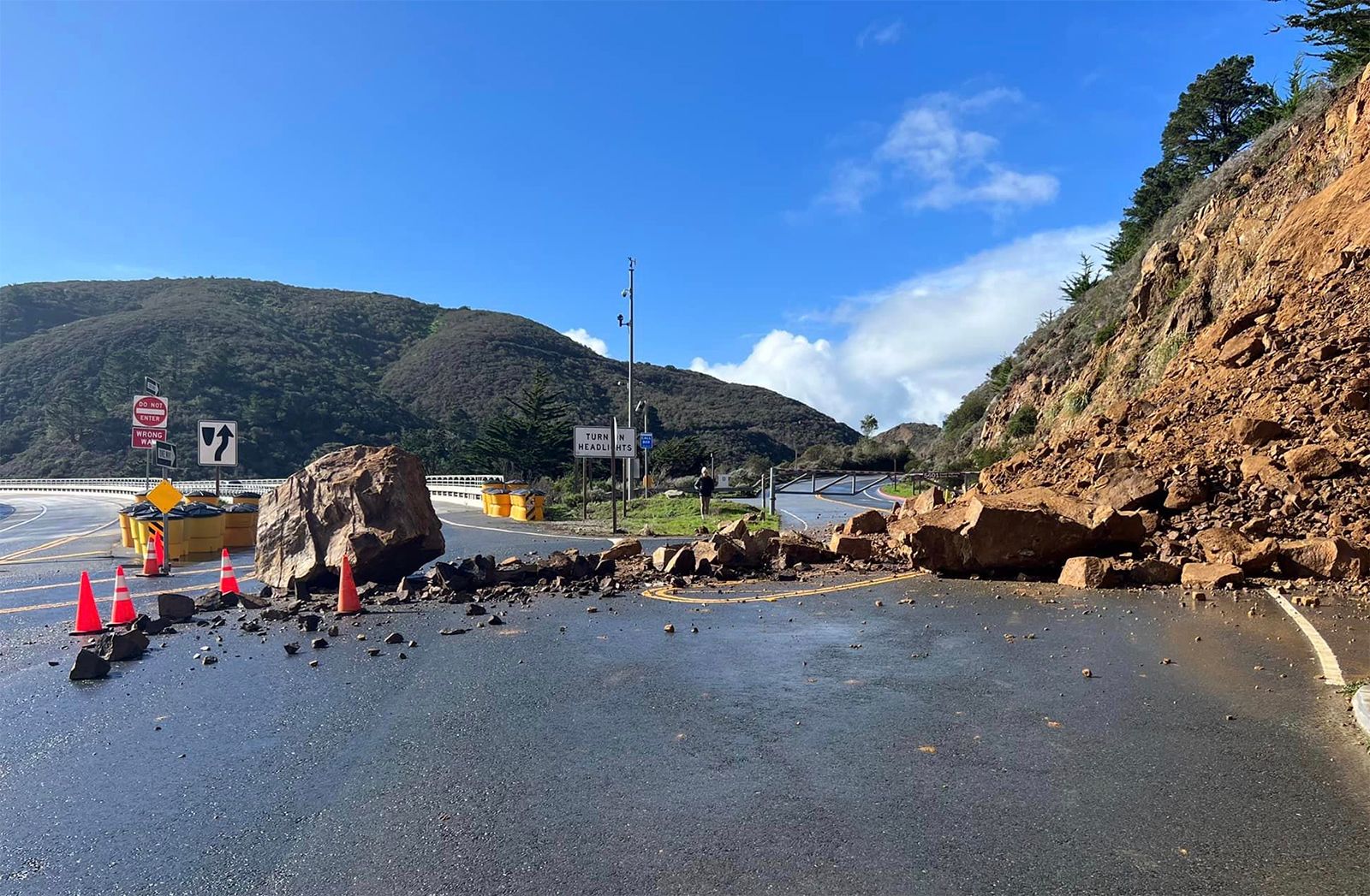 Large Boulder and Rockslide Crash Onto Highway 1 Near Devil's Slide